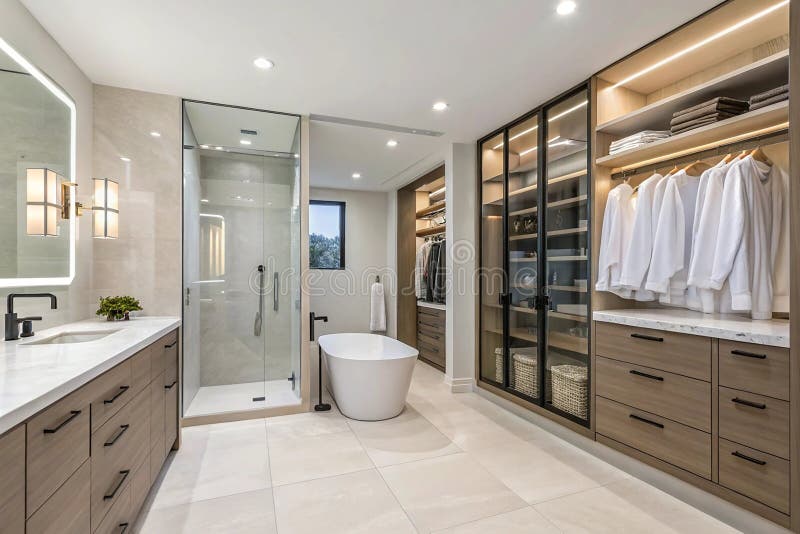 Modern Bathroom with Walk in Robe. Spacious Contemporary Bathroom with ...