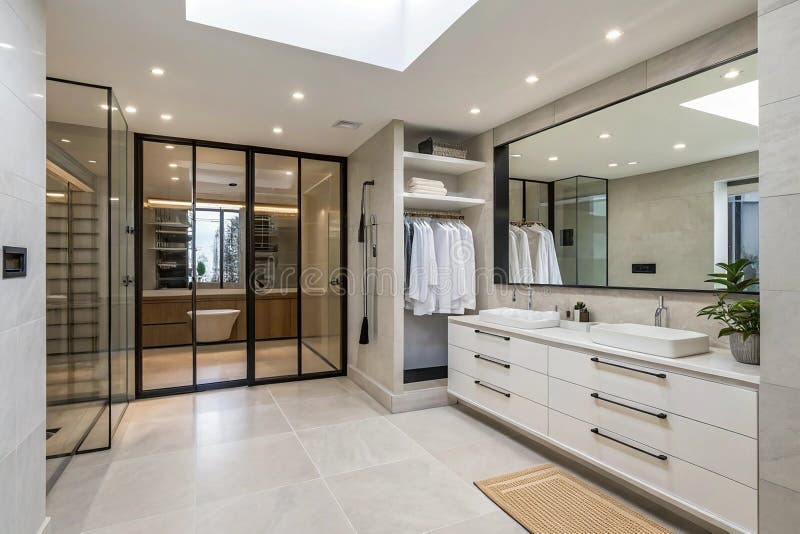 Modern Bathroom with Walk in Robe. Spacious Contemporary Bathroom with ...