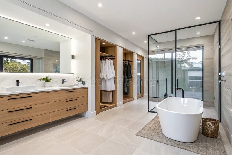 Modern Bathroom with Walk in Robe. Spacious Contemporary Bathroom with ...