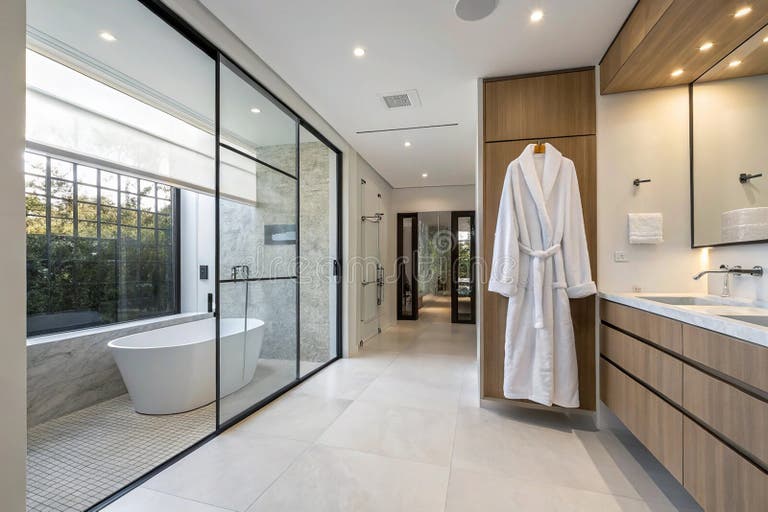 Modern Bathroom with Walk in Robe. Spacious Contemporary Bathroom with ...