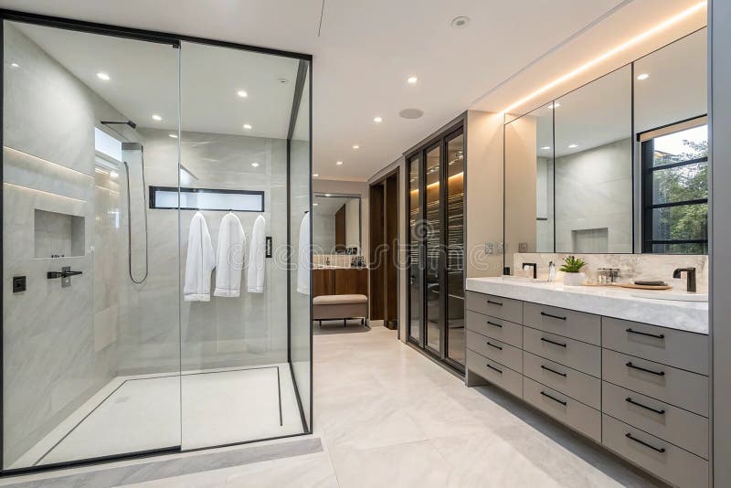 Modern Bathroom with Walk in Robe. Spacious Contemporary Bathroom with ...