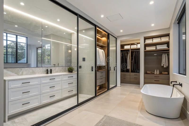 Modern Bathroom with Walk in Robe. Spacious Contemporary Bathroom with ...