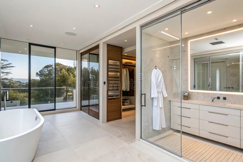 Modern Bathroom with Walk in Robe. Spacious Contemporary Bathroom with ...