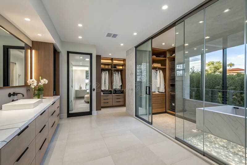 Modern Bathroom with Walk in Robe. Spacious Contemporary Bathroom with ...