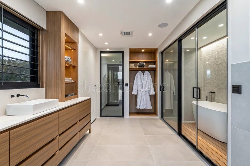 Modern Bathroom with Walk in Robe. Spacious Contemporary Bathroom with ...