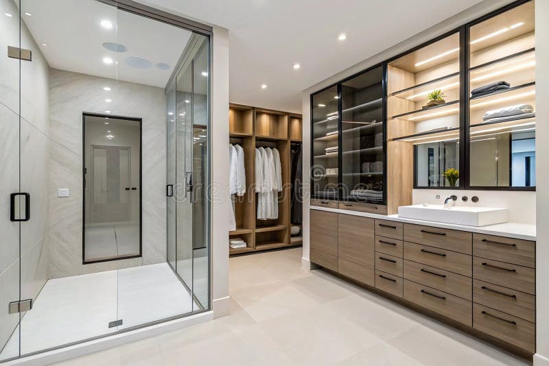 Modern Bathroom with Walk in Robe. Spacious Contemporary Bathroom with ...