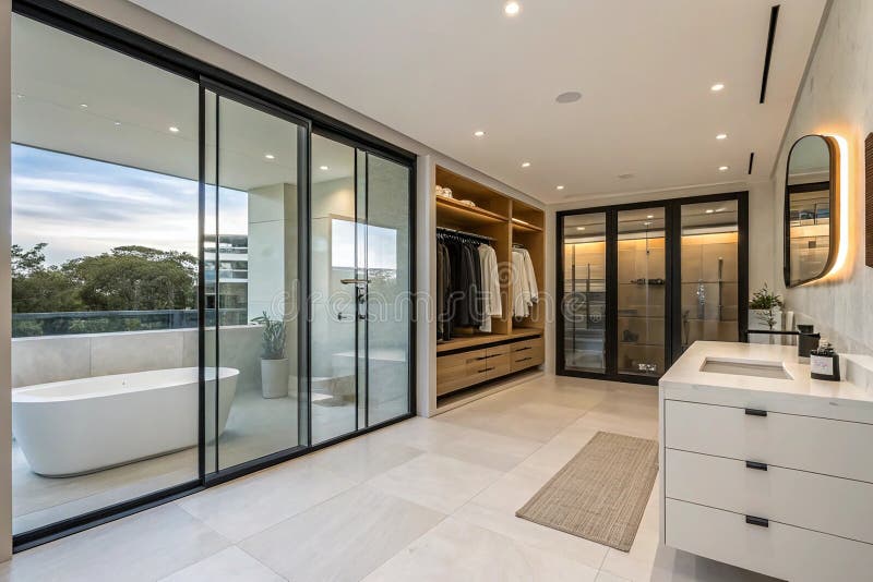 Modern Bathroom with Walk in Robe. Spacious Contemporary Bathroom with ...