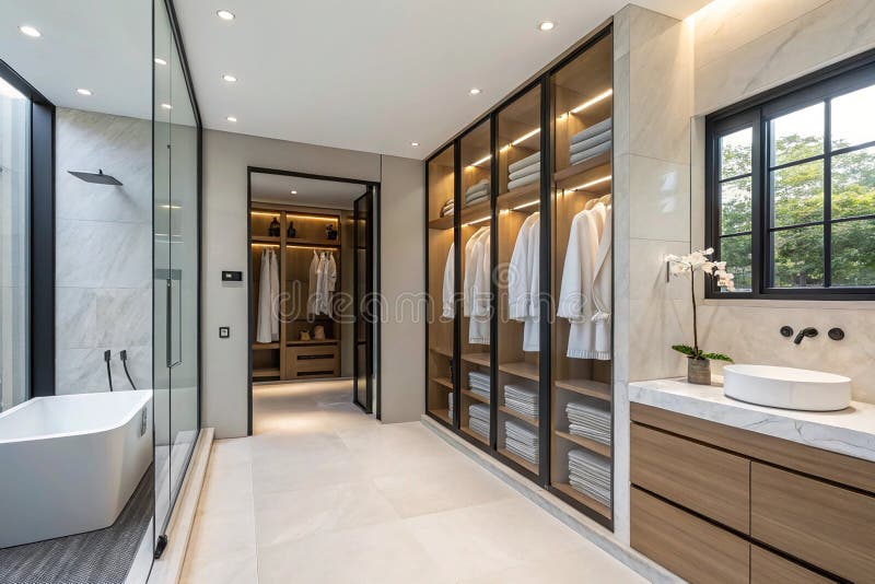Modern Bathroom with Walk in Robe. Spacious Contemporary Bathroom with ...