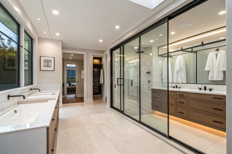 Modern Bathroom with Walk in Robe. Spacious Contemporary Bathroom with ...