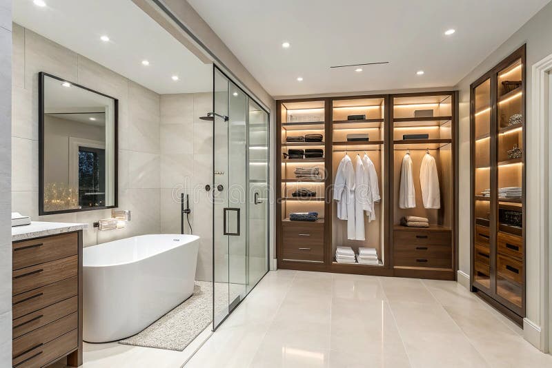 Modern Bathroom with Walk in Robe. Spacious Contemporary Bathroom with ...