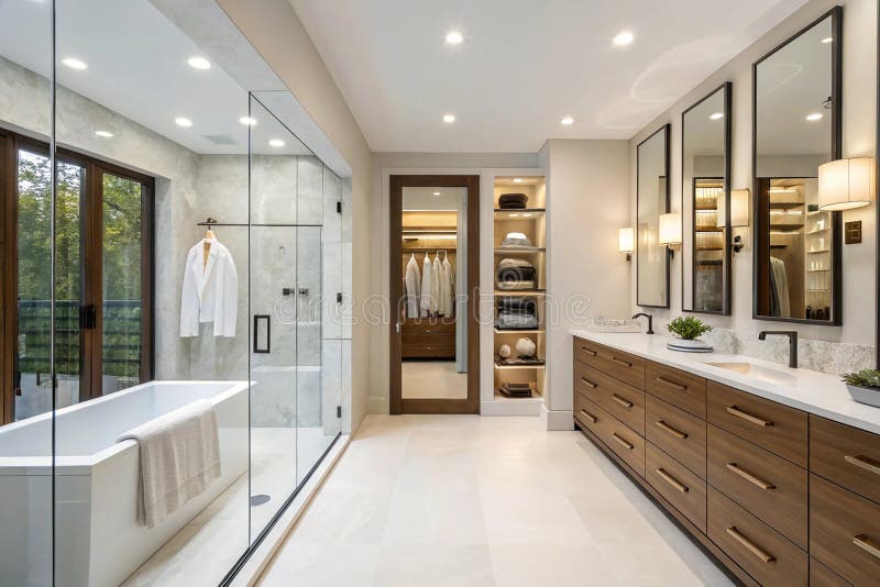 Modern Bathroom with Walk in Robe. Spacious Contemporary Bathroom with ...