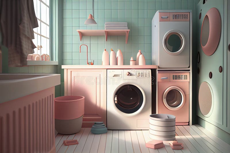 Modern Bathroom with Washing Machines Stock Photo - Image of white ...