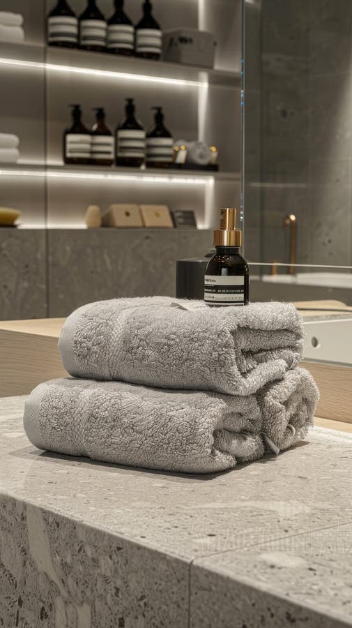 A Modern Bathroom, Where Three Towels and an Eyedropper are Carefully ... A Modern Bathroom, Where Three Towels and an Eyedropper are Carefully ...