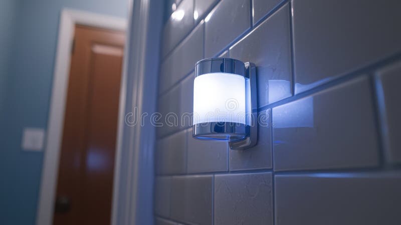 A Modern Bathroom with a White Tiled Wall and a Light Fixture. Stock ...