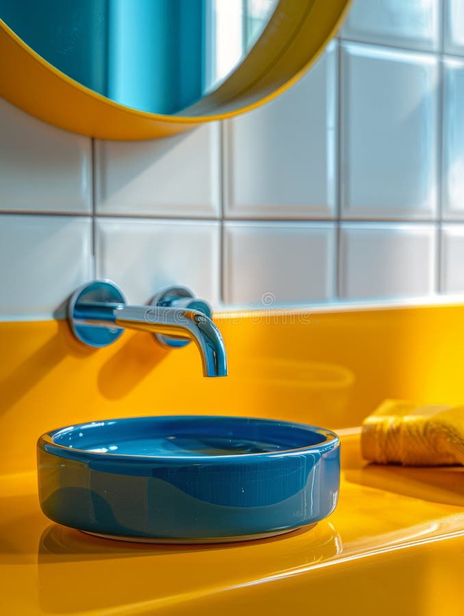 Modern Bathroom with Yellow Sink and Blue Basin. Stock Photo - Image of ...