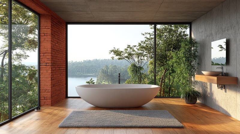Modern Bathtub, Forest View, Luxury Bathroom, Sunrise Stock Image ...