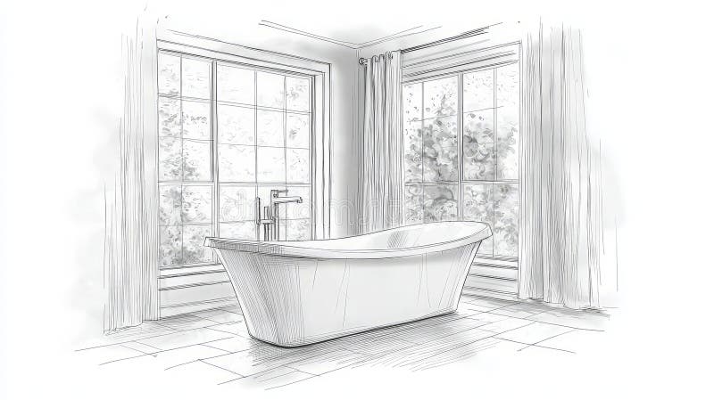 Modern Bathtub Sketch in a Room with Windows. Possible Use Interior ...