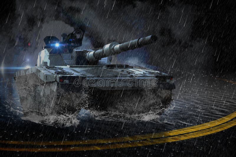 Modern Battle Tank Moving at Night in the Rain Stock Image - Image of ...
