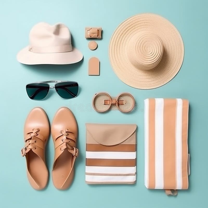 Modern Beach Accessories Flat Lay. Generative AI Stock Illustration - Illustration of leisure ...