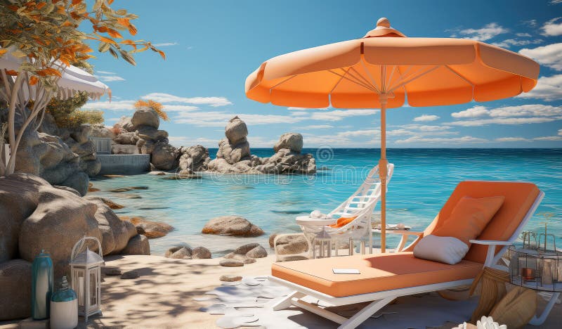 Modern Beach Chairs with Umbrella on a Sand Ocean Beach Extreme Closeup ...