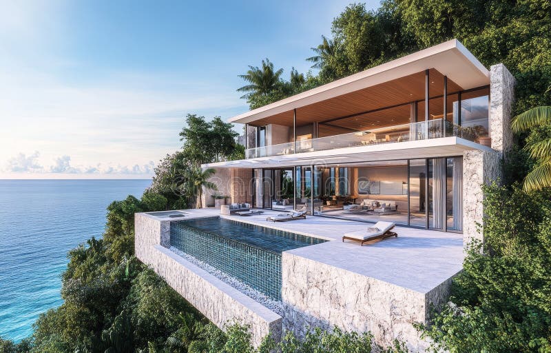 Modern Beach House Design with Pool, Visualized through 3D Rendering Techniques Stock ...