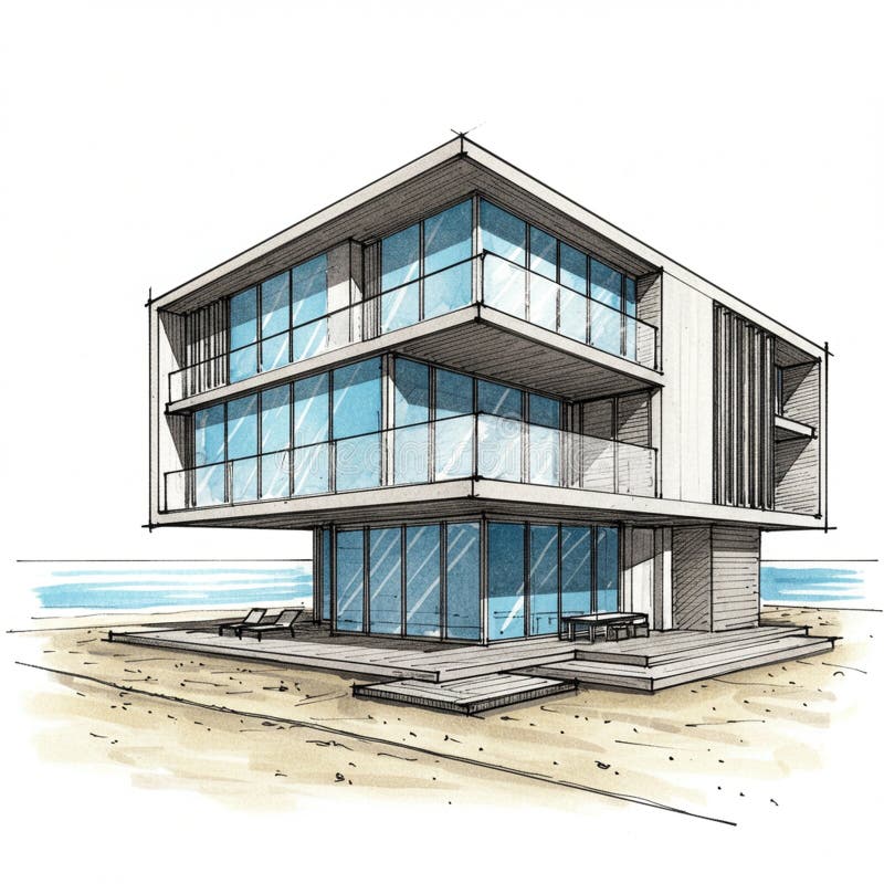 Modern Beach House Illustration Featuring a Two-story Structure with ...