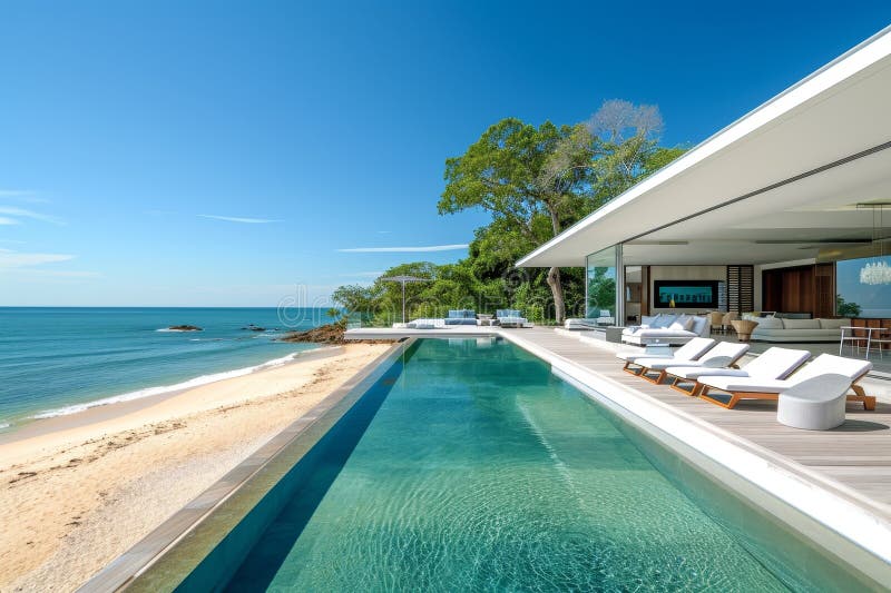 Modern Beach House with Infinity Pool Against Ocean Backdrop. Stock ...