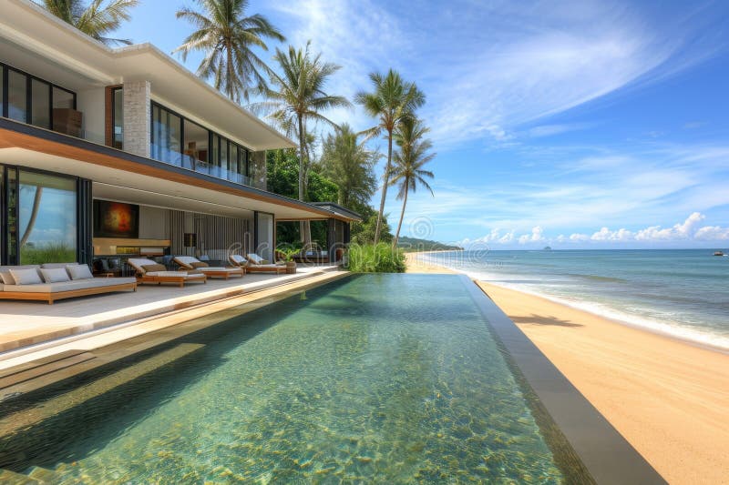 Modern Beach House with Infinity Pool Against Ocean Backdrop. Stock ...