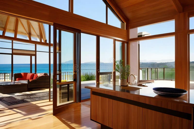 Modern Beach House Interior with Panoramic Windows Overlooking the ...