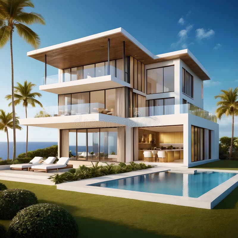 Modern Beach House with Swimming Pool and Ocean View. Stock ...