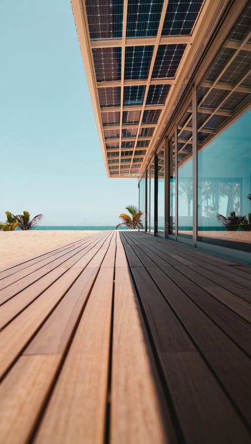 Modern Beachfront Building with Solar Panels and Wooden Deck Stock ...