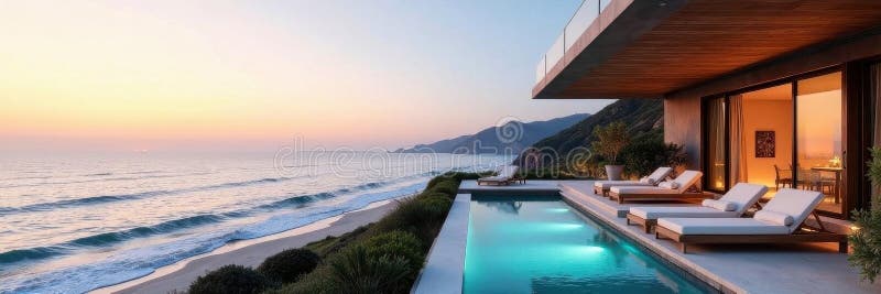 Modern Beachfront Home, Expansive Deck Overlooking Ocean, Sea, Vista Stock Illustration ...