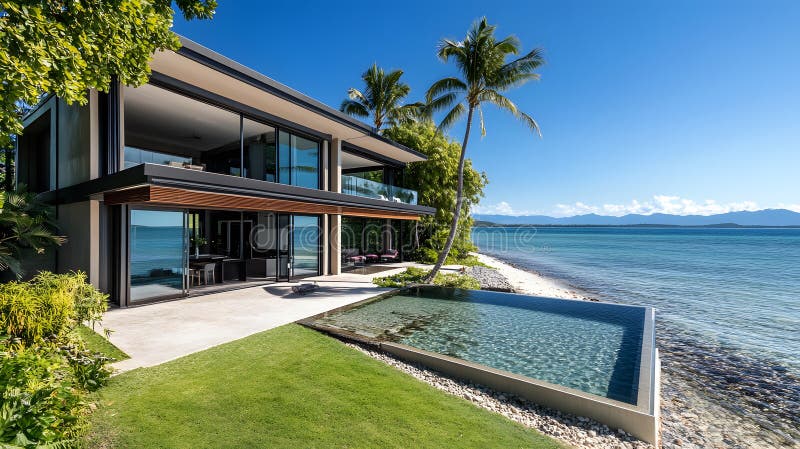Modern Beachfront House with Infinity Pool and Ocean View Stock ...