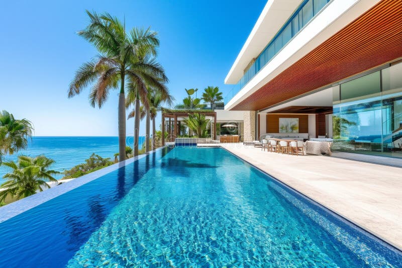 Modern Beachfront House with Pool on Ocean Shore. Stock Photo - Image ...