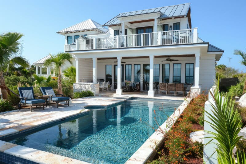 Modern Beachfront House with Pool Overlooking the Sea Stock ...