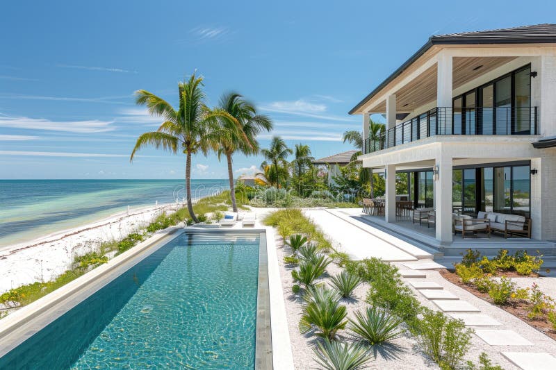 Modern Beachfront House with Pool Overlooking the Sea Stock ...