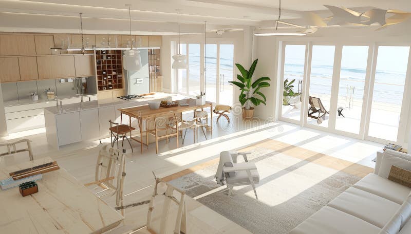 Modern Beachfront Kitchen and Living Room with Ocean View Stock ...