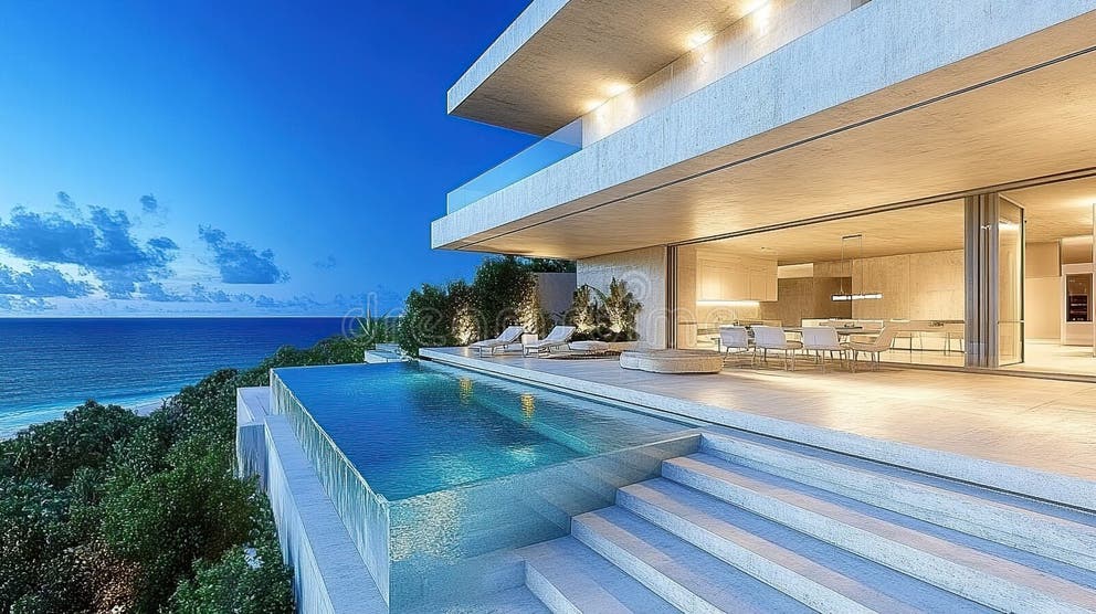 Modern Beachfront Luxury Home with Infinity Pool Stock Illustration ...