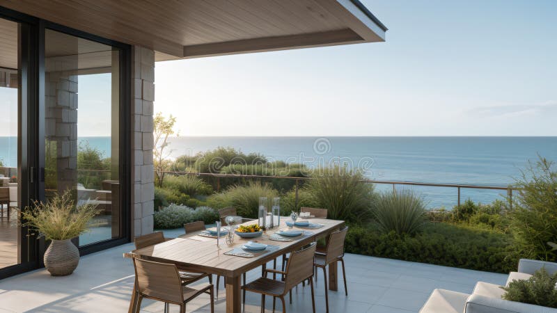 Modern Beachfront Terrace with Stunning Ocean Views Stock Illustration ...
