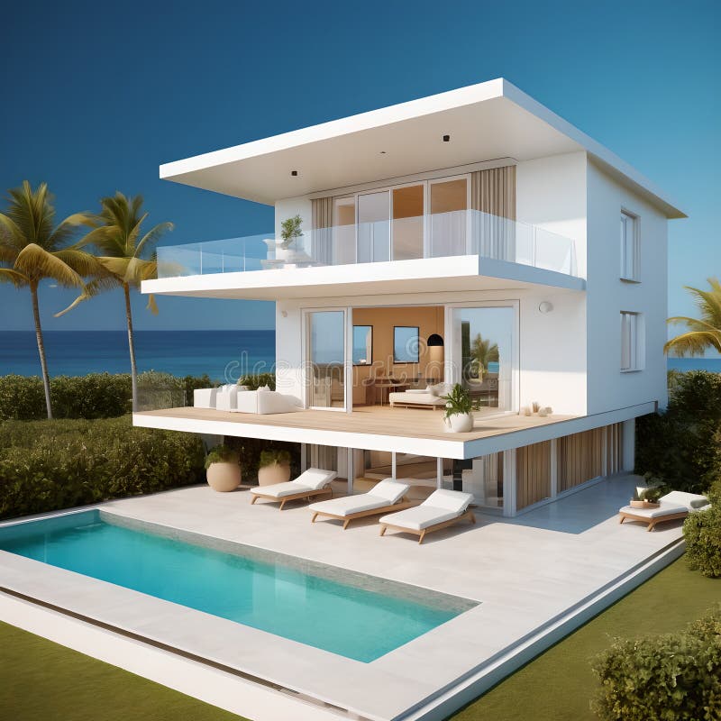 Modern Beachfront Villa with Infinity Pool. Stock Illustration ...
