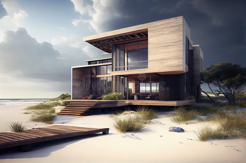 Modern Beachfront Villa, with Sleek Design and Natural Materials Stock ...