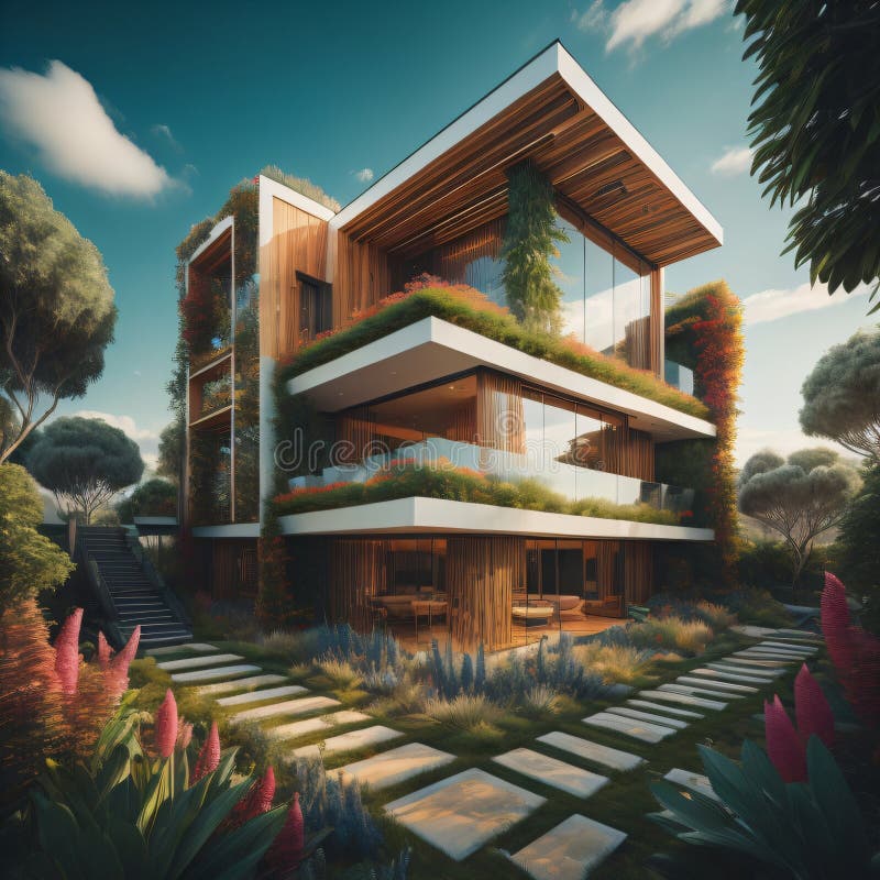 Modern Beautiful House with Vegetation Stock Illustration ...