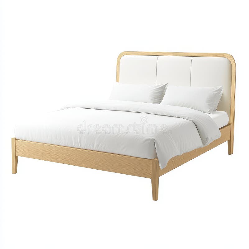 A Modern Bed with a Light Wood Frame and White Bedding, Designed for ...