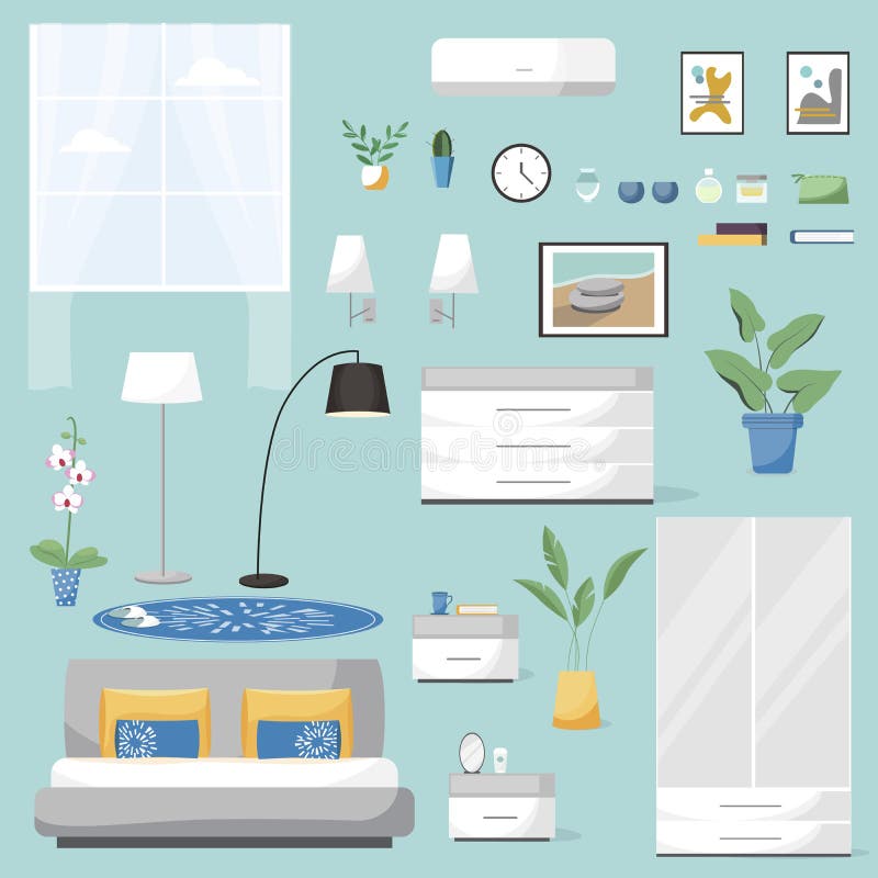 Modern Bed Room Interior. Vector Banner. Large Detailed Interior Set ...