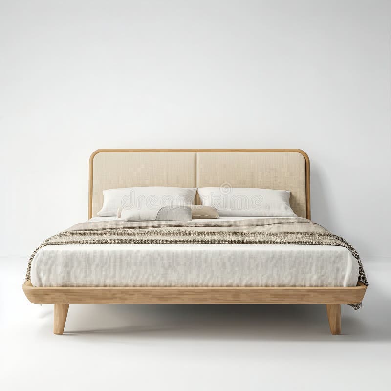 A Modern Bed with a Wooden Frame and Neutral Bedding, Designed for ...