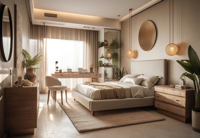 Modern Bedoom with Bed Large Glass Window Background Stock Illustration ...