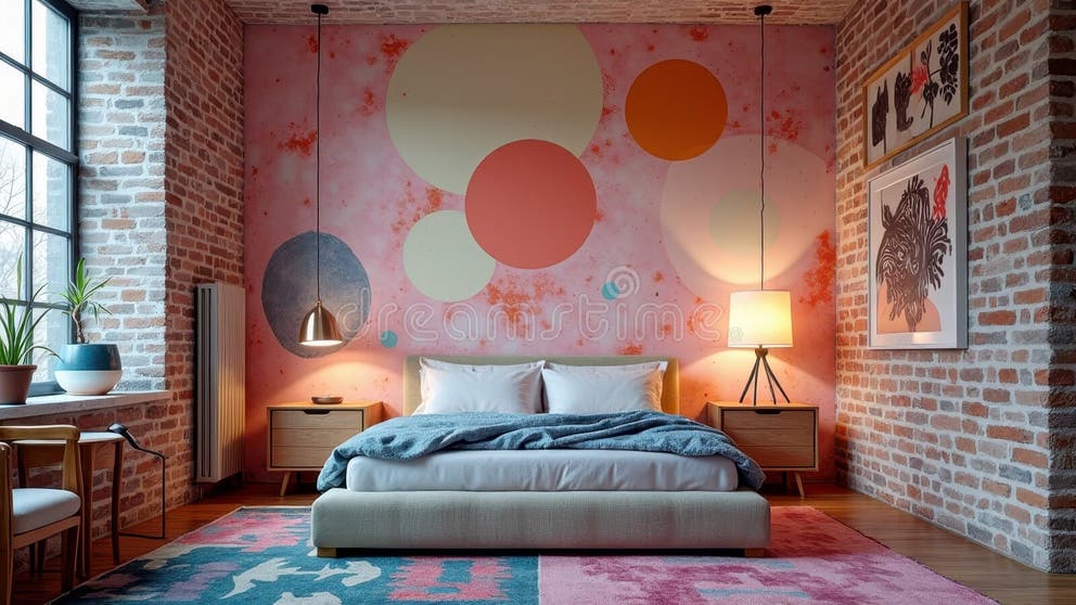 Modern Bedroom with Abstract Wall Art and Cozy Decor Stock Image ...