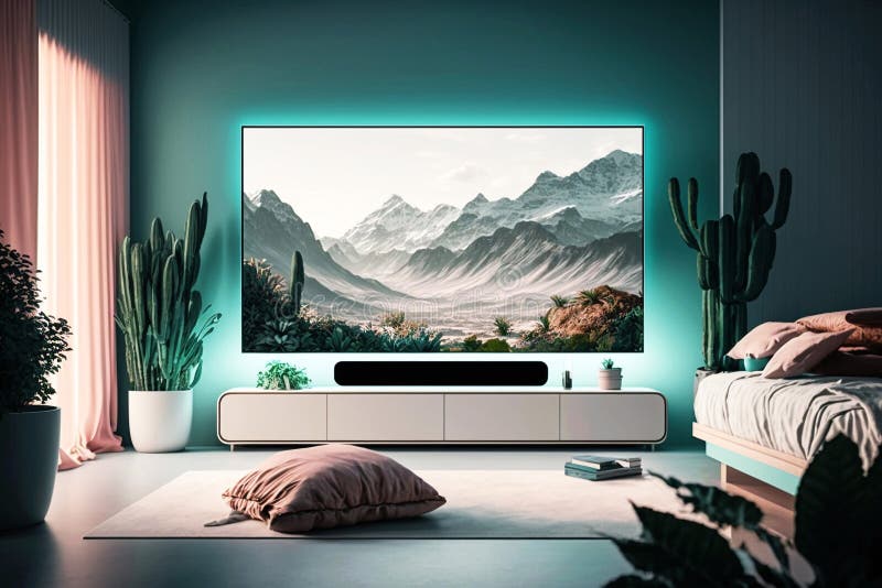 Modern Bedroom with Big Tv Screen. Generative Ai Stock Illustration ...