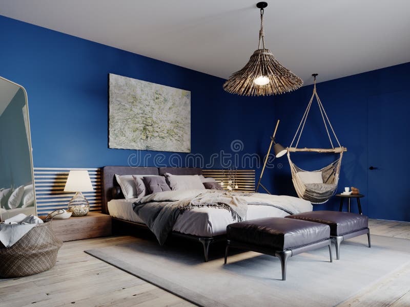 Modern Bedroom in Boho Design, with Blue Walls and Loft Furniture Stock ...