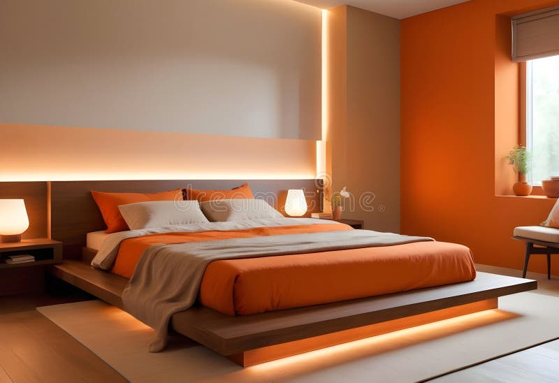 Modern Bedroom, Brick Color Tone Ambient Lighting Behind the Wall Stock ...